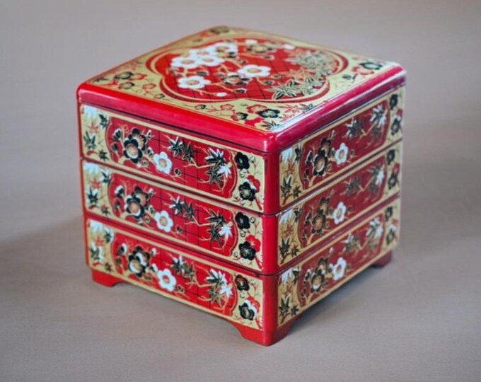Asian Jewelry Boxes 3 Stacking Decorative Storage Square Red & Gold ...