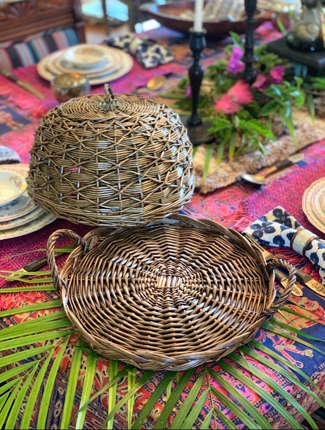 Wicker Basket Tray With Handles & Basket Dome Lid Large Round Brown ...