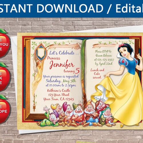 Snow White Birthday Invitation Princess Party Invite - Etsy