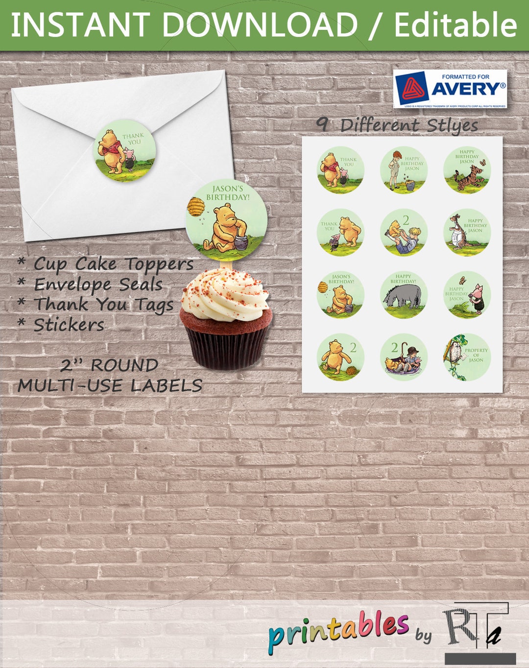 Classic Winnie the Pooh Labels / Instant Download & Editable / Cupcake ...