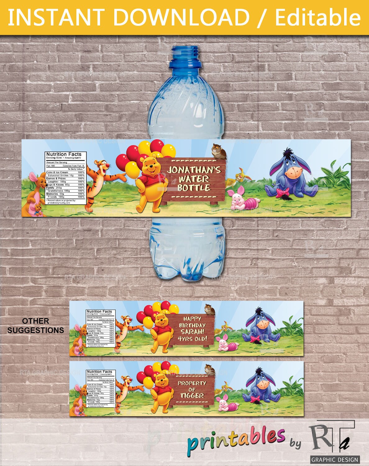 Winnie the Pooh Water bottle labels Printable digital birthday labels ...