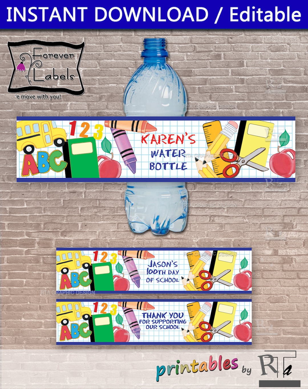 School Themed Water Bottle Label / Instant Download & Editable ...