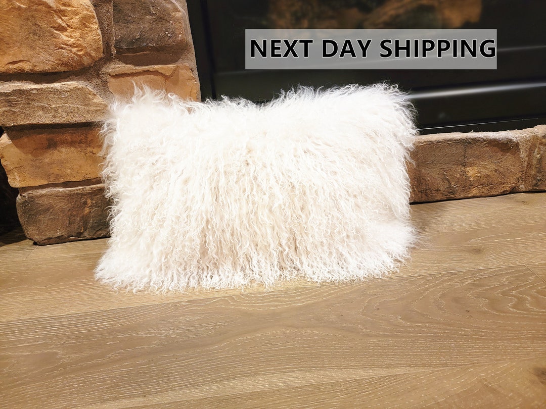 12"x24" Mongolian Lamb Fur Pillow Natural White / Tibetan Sheepskin ...