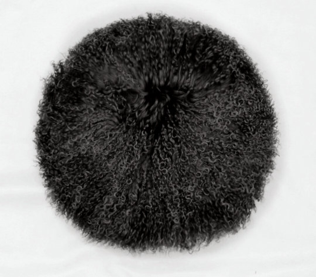 16 Round Mongolian Lamb Fur Pillow Black / Tibetan Sheepskin Pillows ...