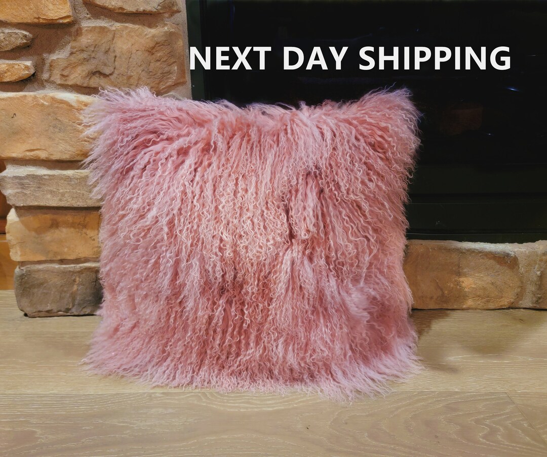 20"x20" Mongolian Lamb Fur Pillow Dusty Pink / Tibetan Sheepskin ...
