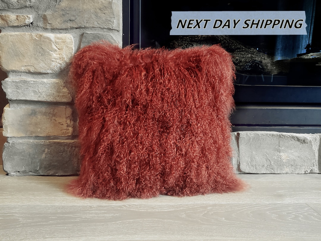 20"x20" Mongolian Lamb Fur Pillow Copper Red / Tibetan Sheepskin ...