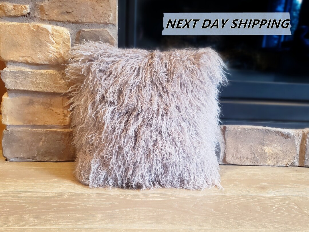 18"x18" Mongolian Lamb Fur Pillow Taupe / Tibetan Sheepskin Pillows ...