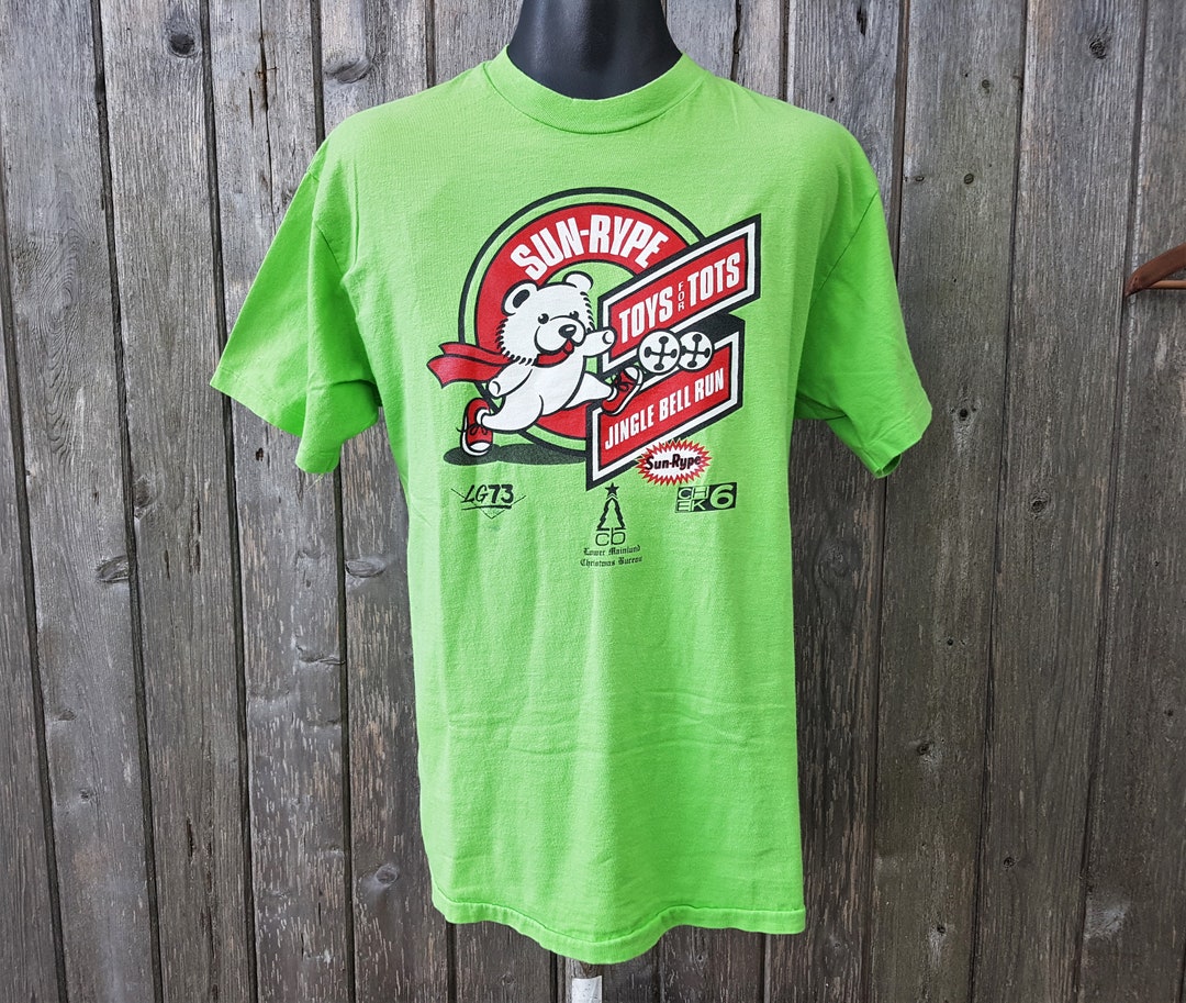 Vintage 90s Sun-rype TOYS for TOTS Jingle Bell Run Neon Green T-shirt ...