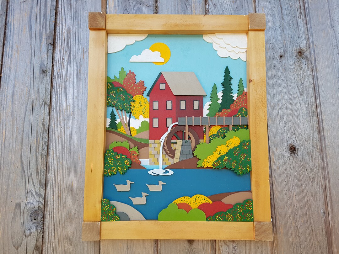 Vintage 3D Shadow Box "old Country Mill" Water Wheel Canada Folk Art ...