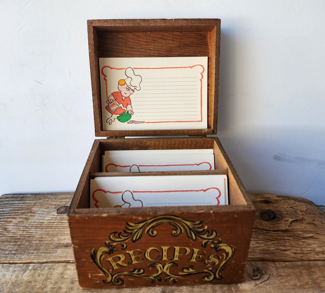 Vintage Wood RECIPE BOX With Original Index / RECIPE Cards Fancy Script ...