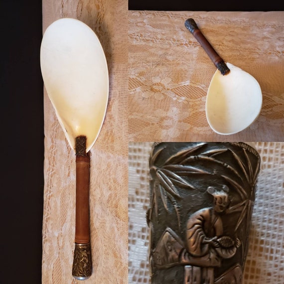 Antique Oyster Shell Spoon Bamboo handle with detailed | Etsy