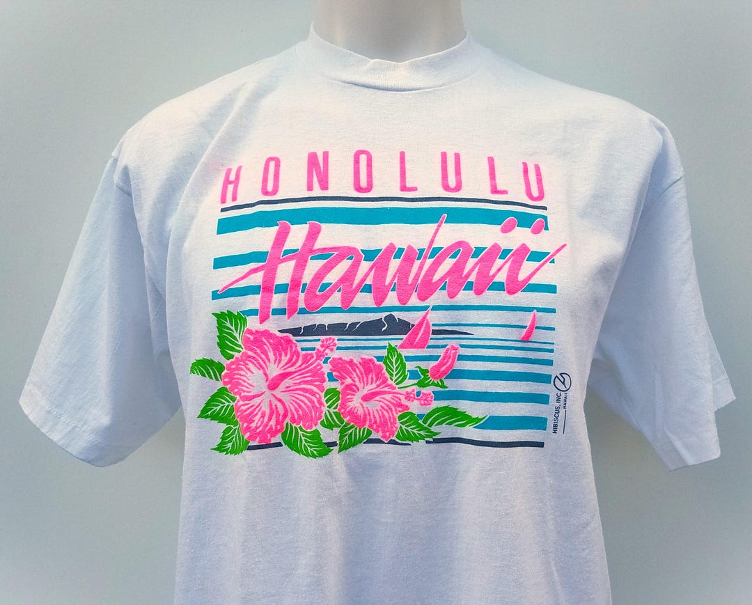 Vintage 80s HONOLULU HAWAII Shirt - Original Hibiscus Inc. Pink Neon ...