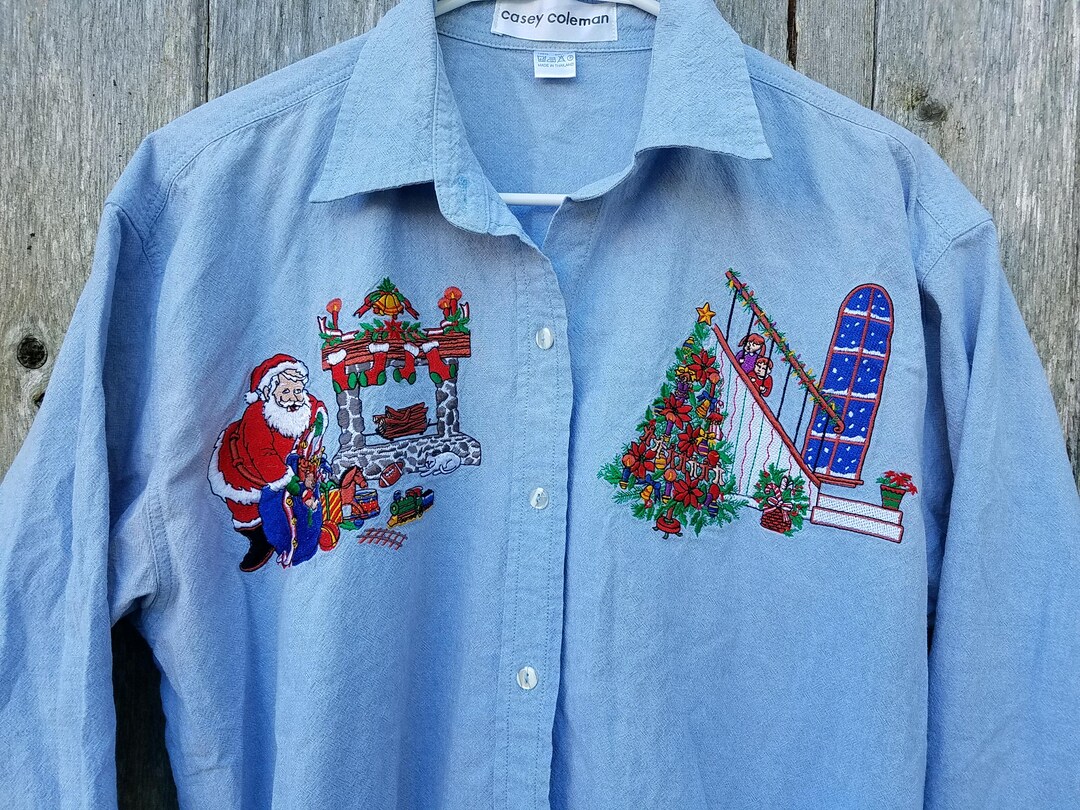 Vintage Christmas Light Blue Denim Shirt Visit From Santa Claus by ...