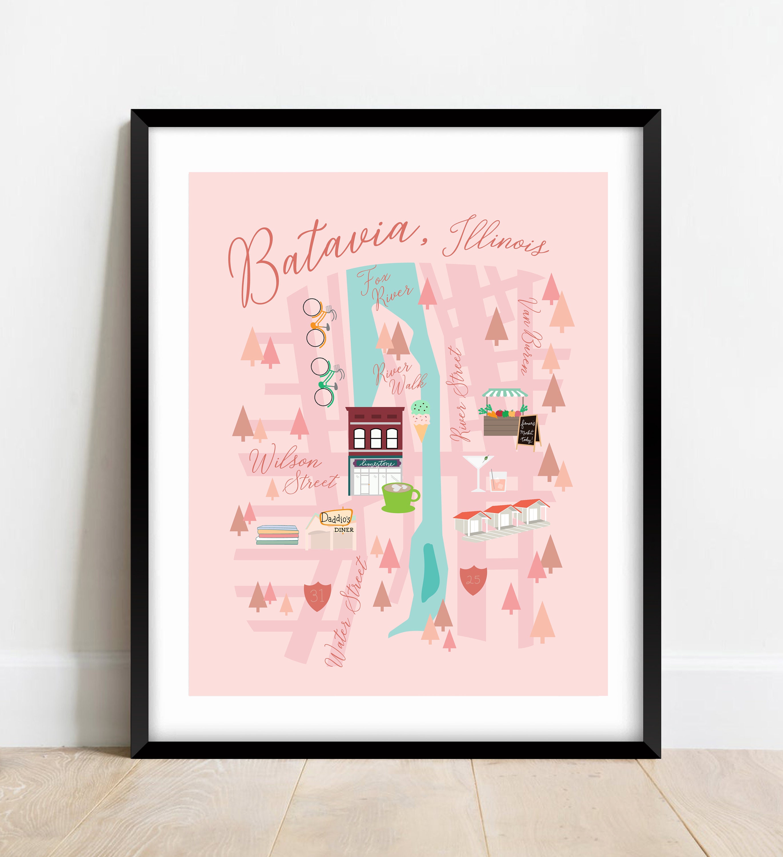 Hand Drawn Pink City Map of Downtown Batavia Illinois | Historic Wilson ...