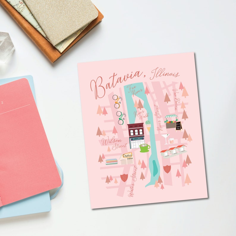 Hand Drawn Pink City Map of Downtown Batavia Illinois | Historic Wilson ...