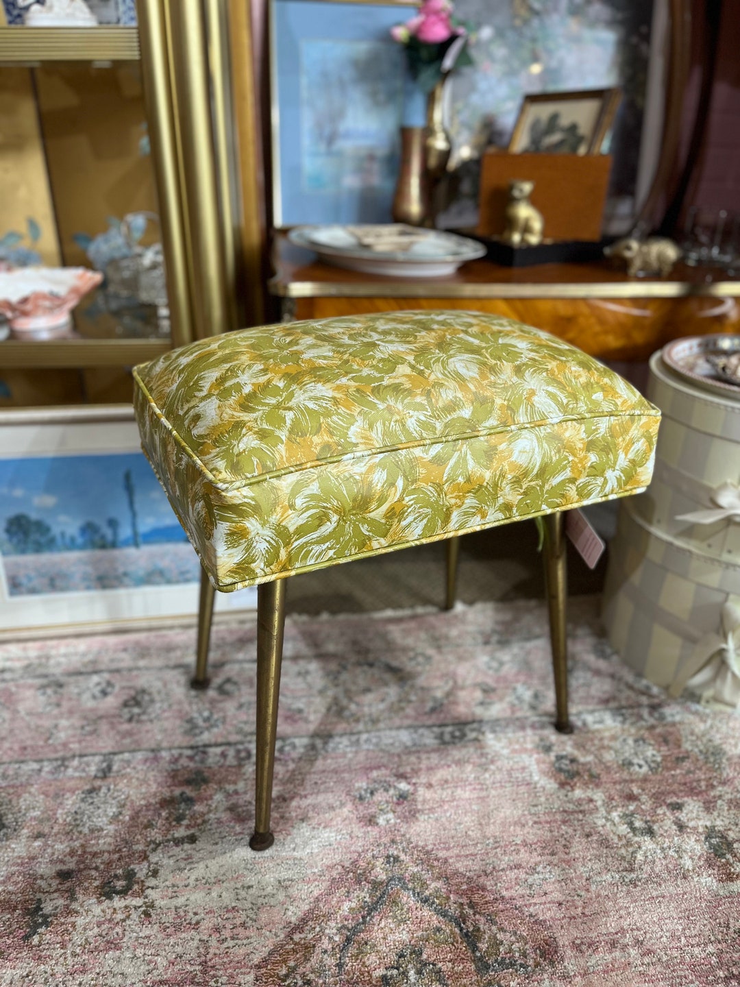 Vintage Green, Yellow MCM Vinyl Covered Foot Stool - Etsy