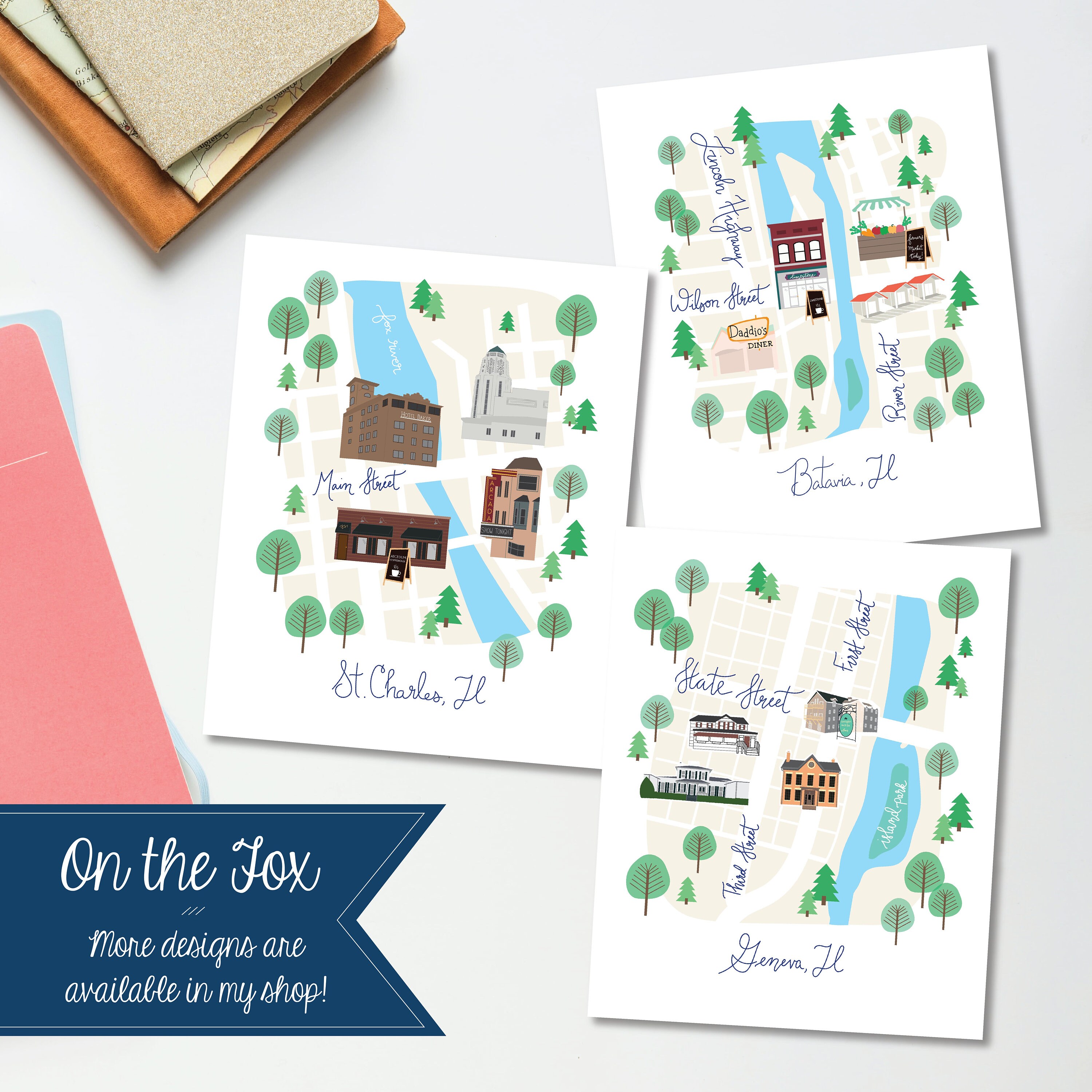 PRINTED Hand Drawn City Map of Downtown Geneva Illinois Pink Historic ...