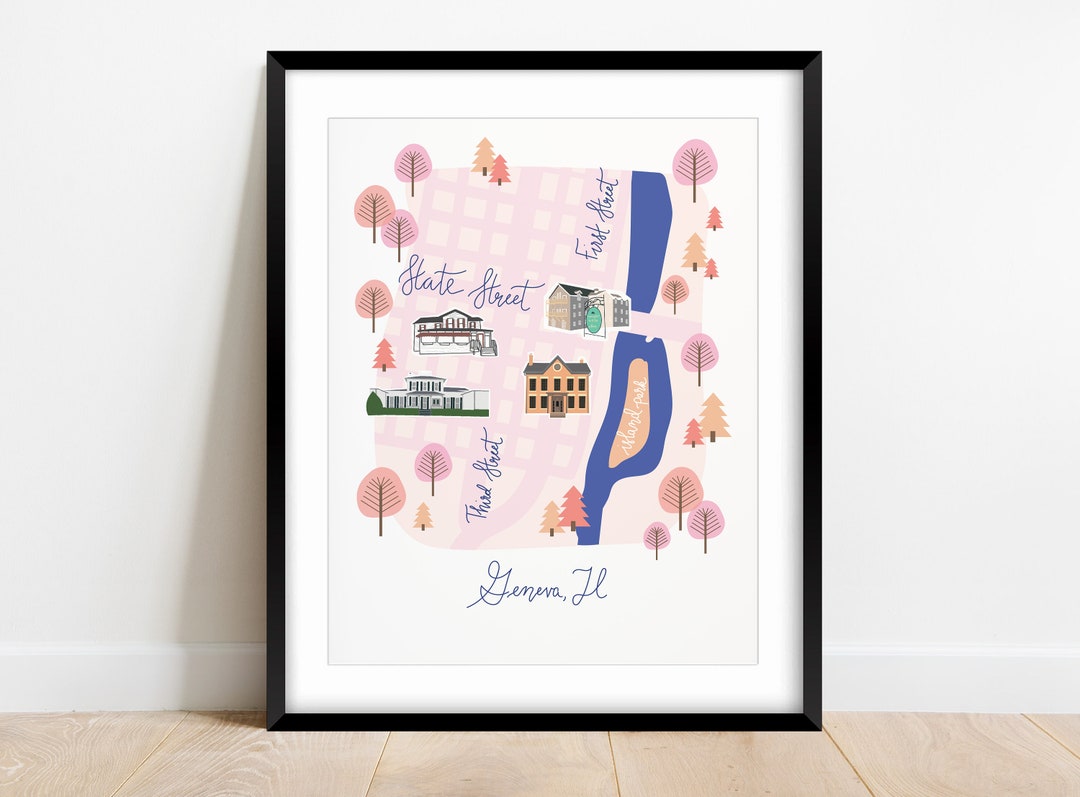 Hand Drawn City Map of Downtown Geneva Illinois Pink | Historic Third ...