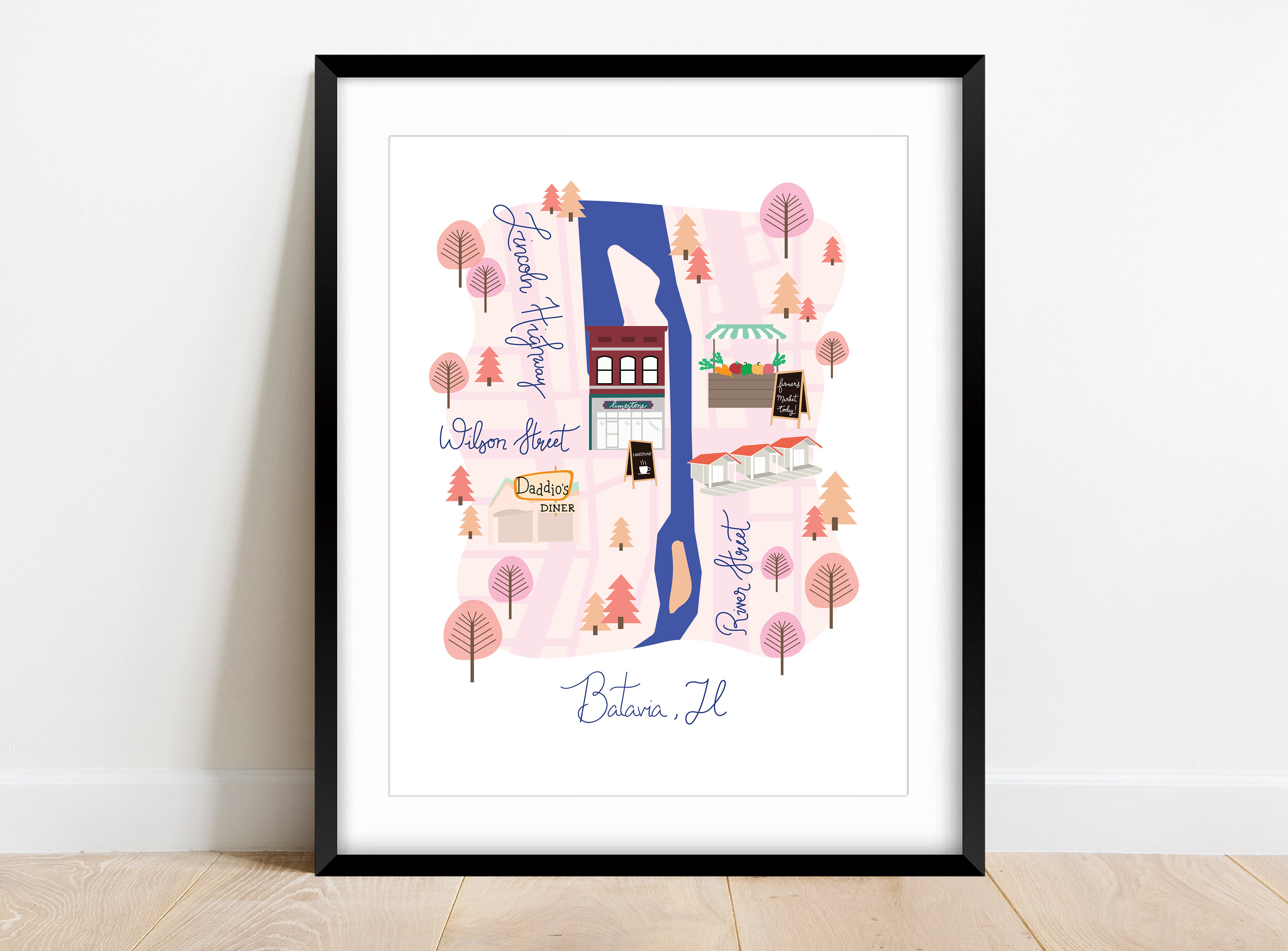 Hand Drawn City Map of Downtown Batavia Illinois Pink | Historic Wilson ...