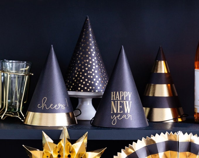 New Year's Eve Party Hats - Party Hats - Set of 8 - Black and Gold Foil ...