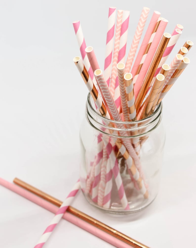 Pink White and Rose Gold Party Straws Paper Party Straws | Etsy