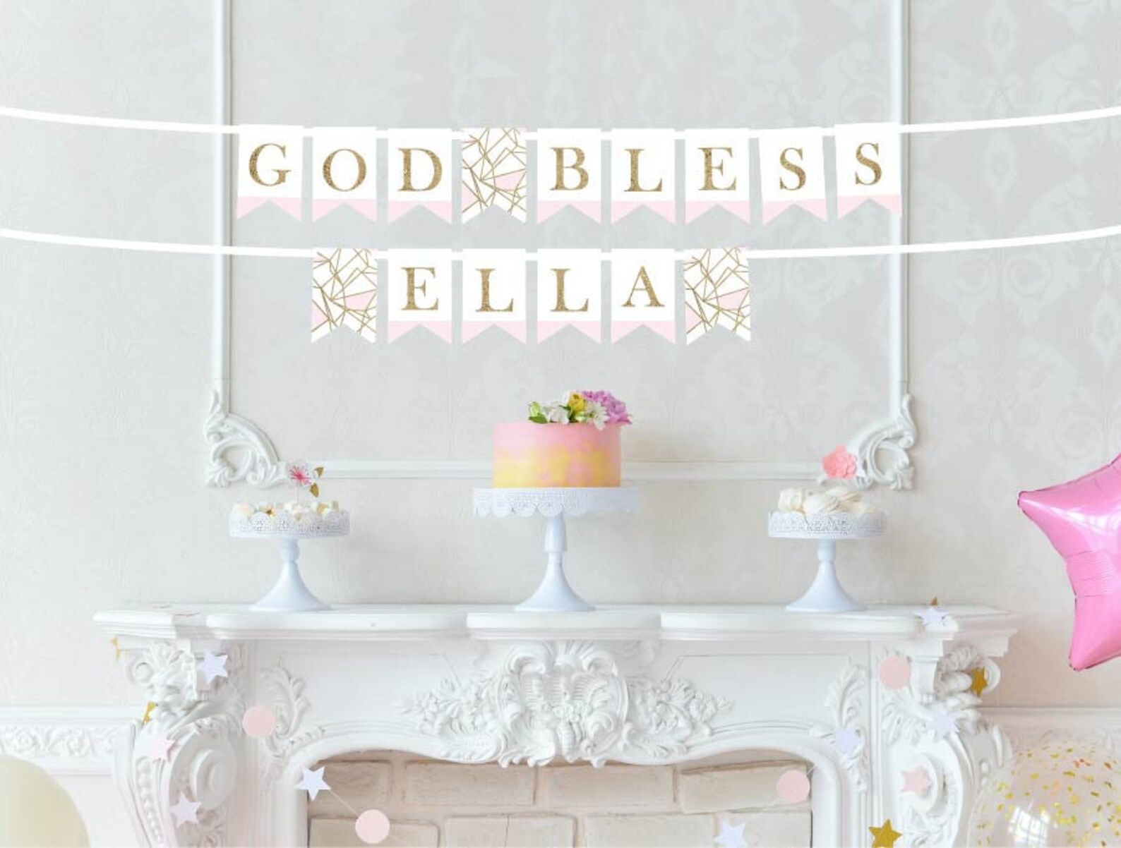 Custom God Bless Printed Banner - Pink and Gold Banner - Baptism Decor ...