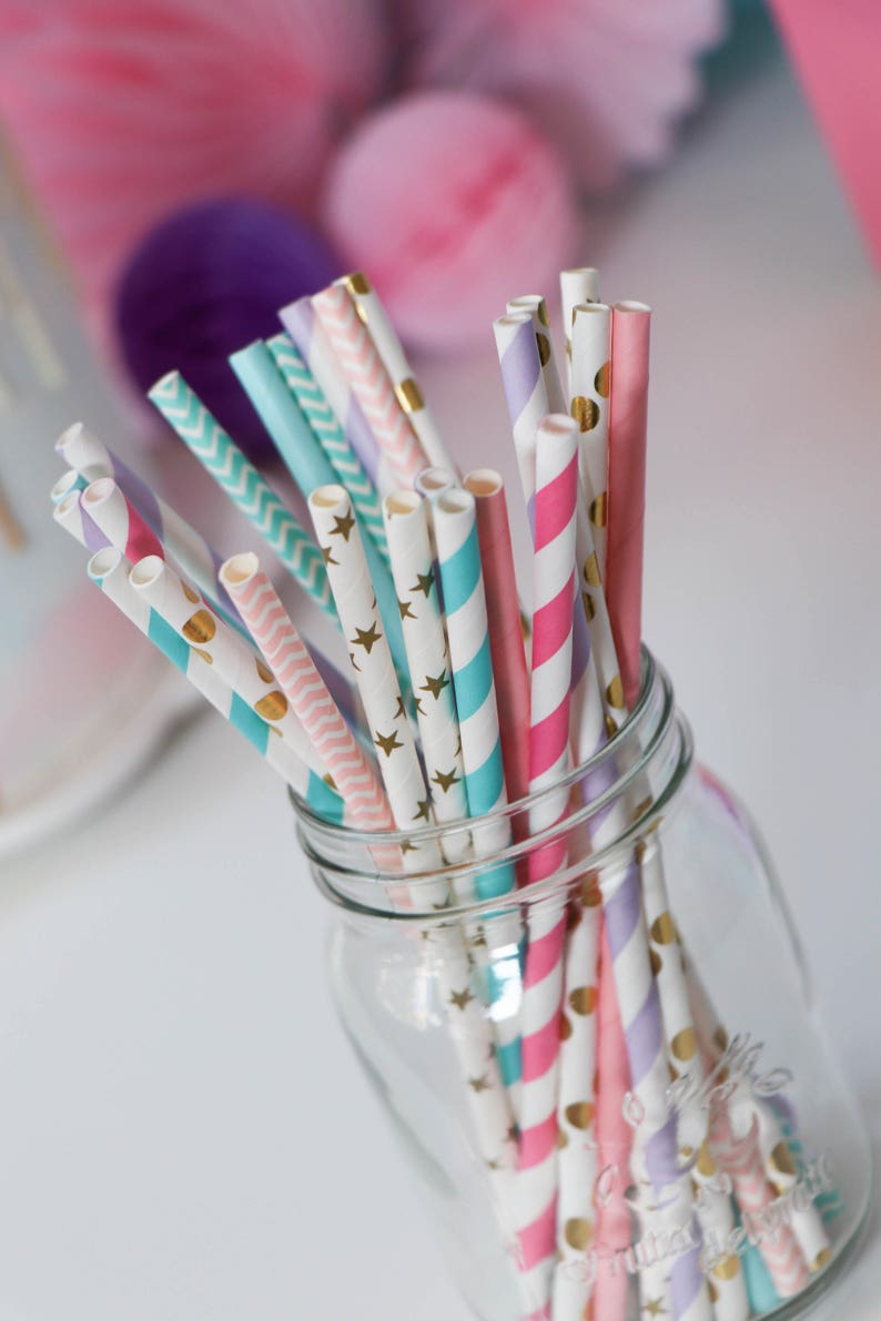 Blue Pink Purple and Gold Party Straws Paper Party Straws | Etsy
