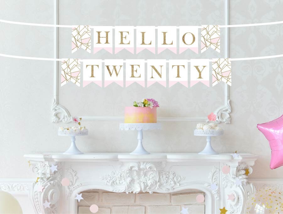 Hello Twenty Banner - 20th Birthday Banner - Pink and Gold Birthday ...