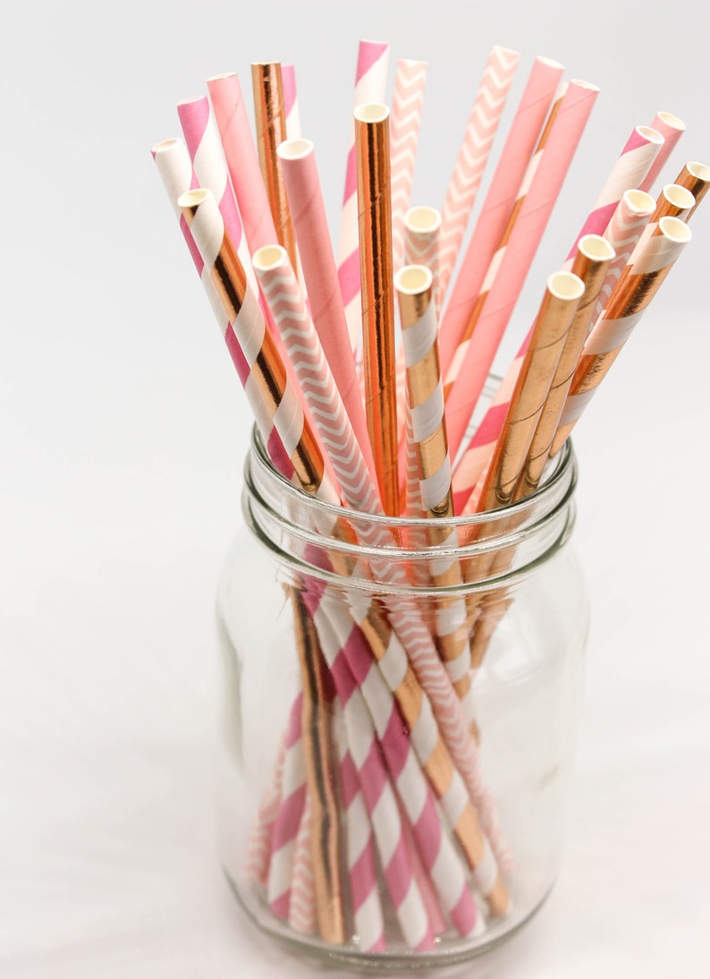 Pink White and Rose Gold Party Straws Paper Party Straws | Etsy