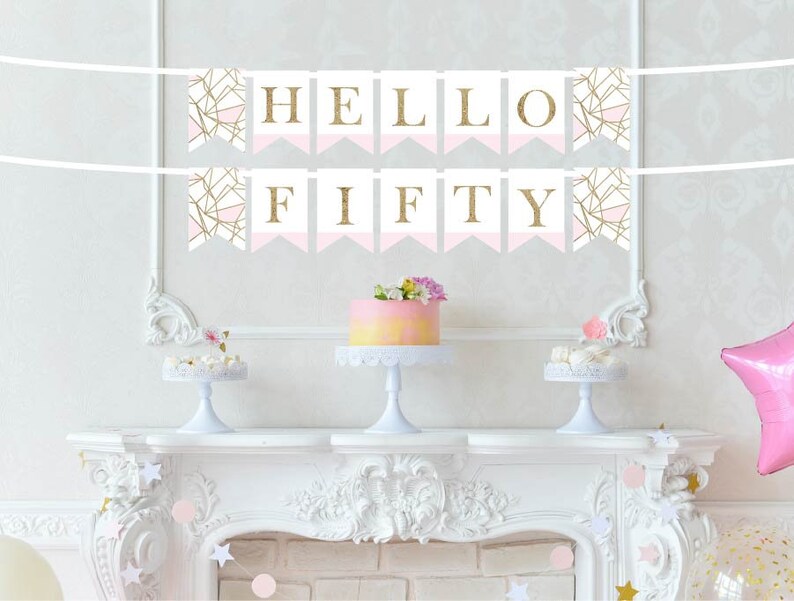 Hello Fifty Banner 50th Birthday Banner Pink and Gold | Etsy