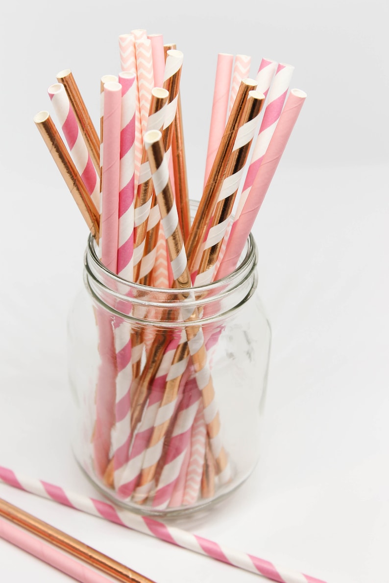Pink White and Rose Gold Party Straws Paper Party Straws | Etsy