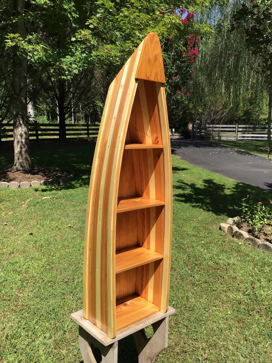 Antique Red Oak and Cedar Wood Strip 4 Foot Boat Shelf, Canoe Bookshelf ...