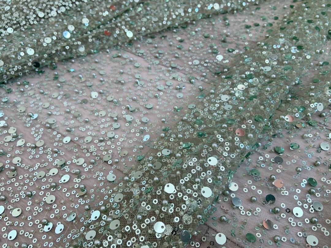 Light Green Tulle Lace Fabric With Sparkle Sequins for Dress, Couture ...