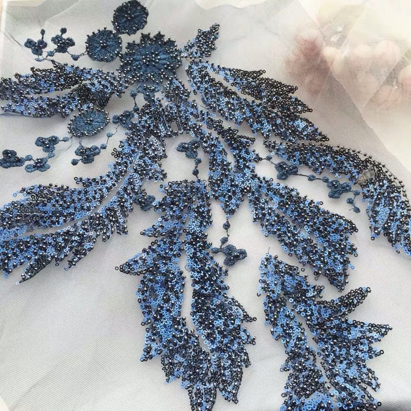 Large Navy Blue Lace Applique, Heavy Bead Lace Applique, 3d Floral, 3d ...