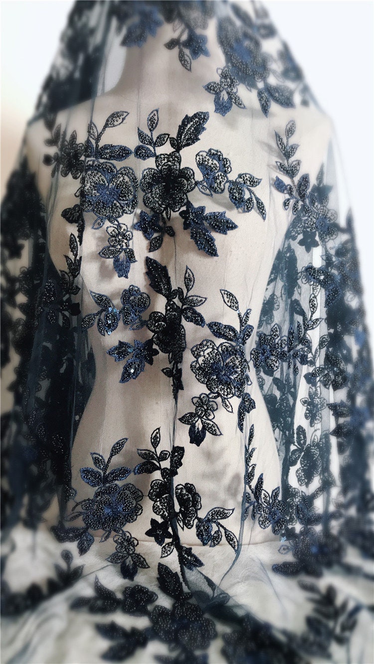Navy blue heavy bead lace fabric Delicate bead lace fabric | Etsy
