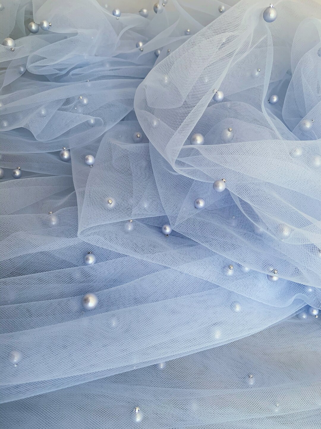 3 Yards Light Blue Pearl Beaded Tulle Fabric for Veils, Dress, Costume ...