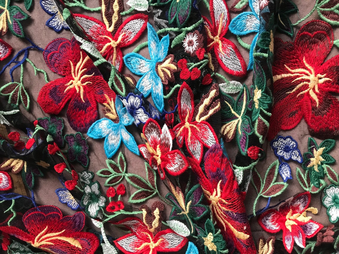 Black Heavy Embroidered Ace Fabricexquisite Floral Tulle - Etsy