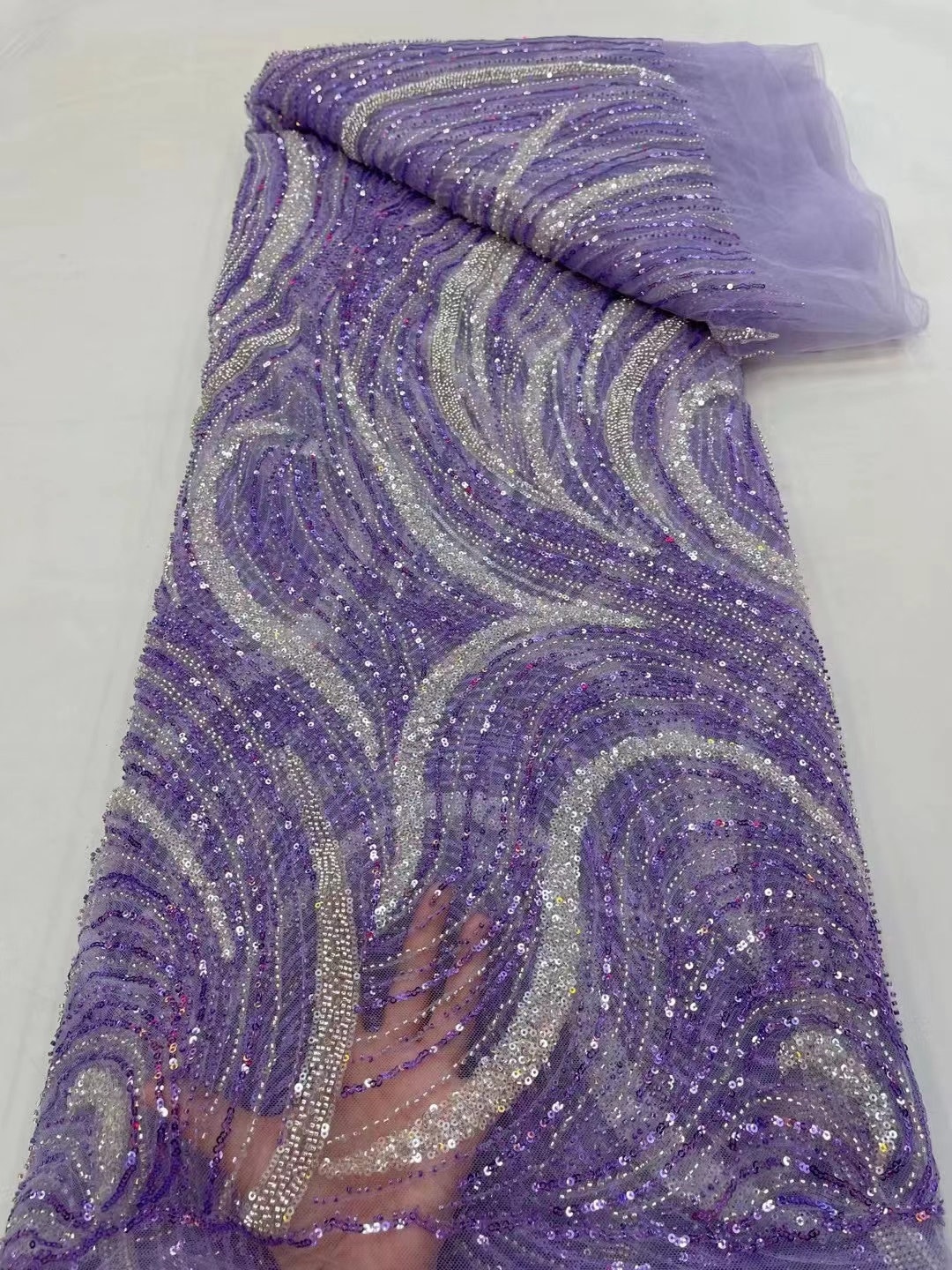 Light Purple Heavy Bead Lace Fabric With Beads and Sequins, Starry ...