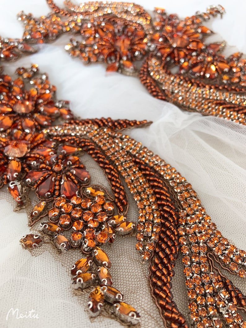 Brown Hand Crafted Rhinestone Bead Applique for Dress and Dance Costume ...