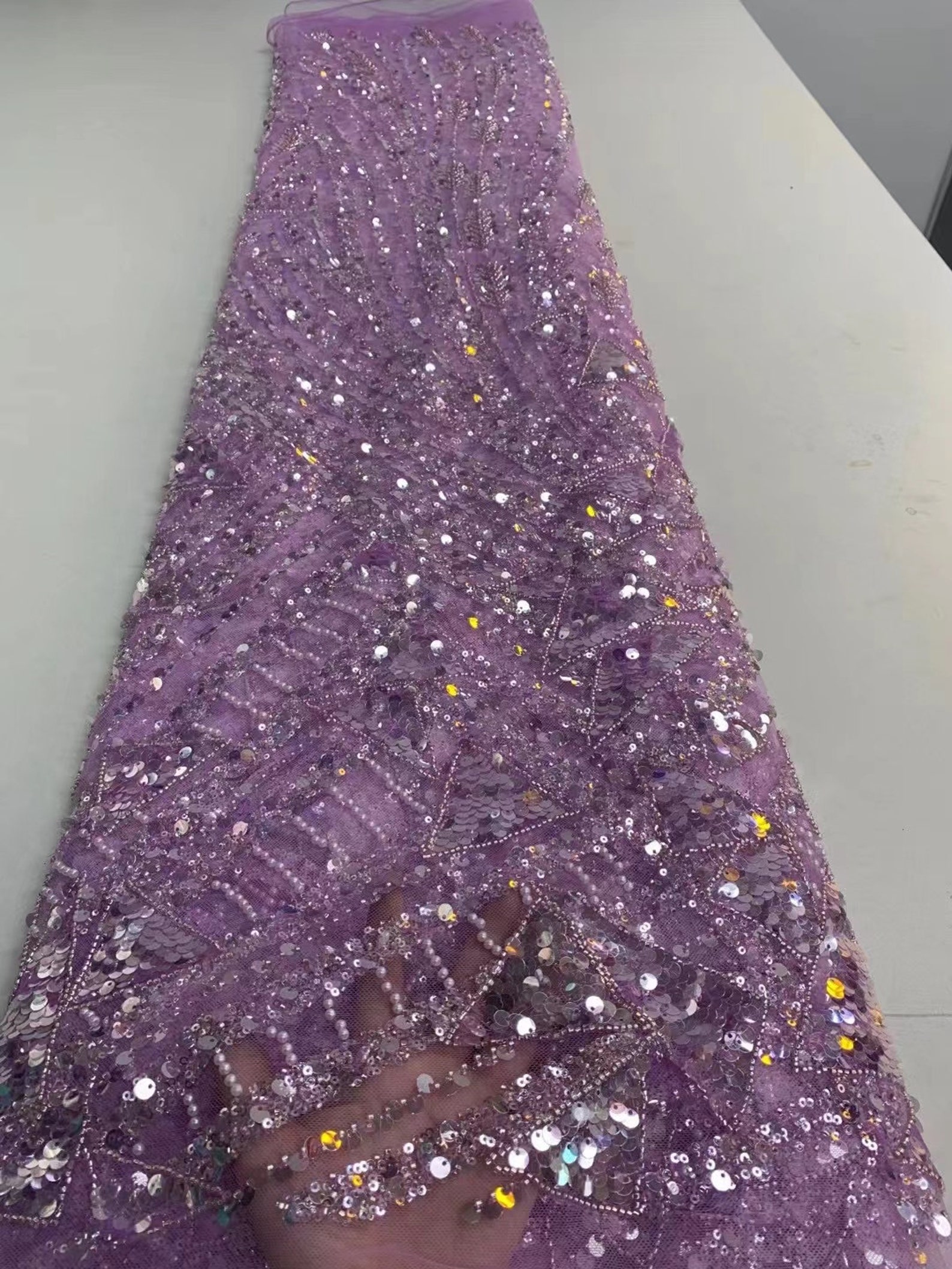 Light Purple Heavy Bead Lace Fabric With Beads and Sequins, Sparkle ...