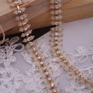 Ivory Rhinestone Bead Chain, Beading Trim, Gold Rhinestone Bead Belt ...
