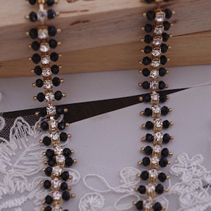Black Rhinestone Bead Chain, Beading Trim, Gold Rhinestone Bead Belt ...
