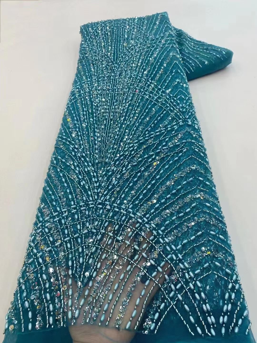 Buy Teal Pearl Bead Lace Fabric With Beads and Sequins, Heavy Bead Lace ...