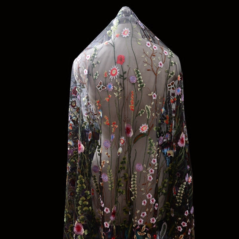 Black heavy embroidered ace fabric embroidered tulle lace | Etsy