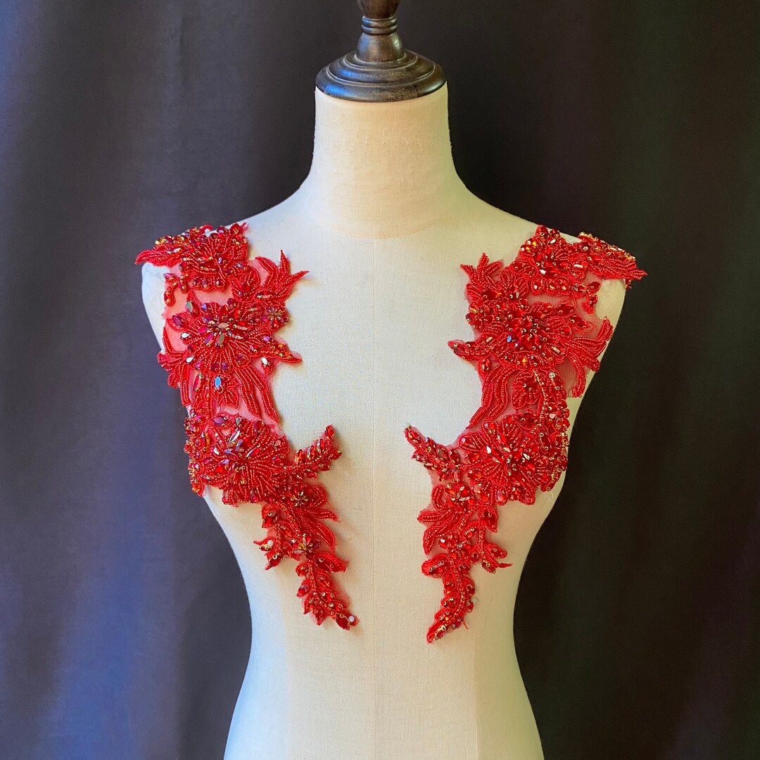 Red Rhinestone Applique for Dress, Dance Costume, Heavy Beading Crystal ...