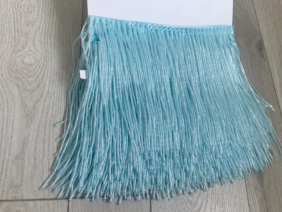 Light Blue Beaded Fringe Trim for Couture and Dance Costume, Bugle Bead ...