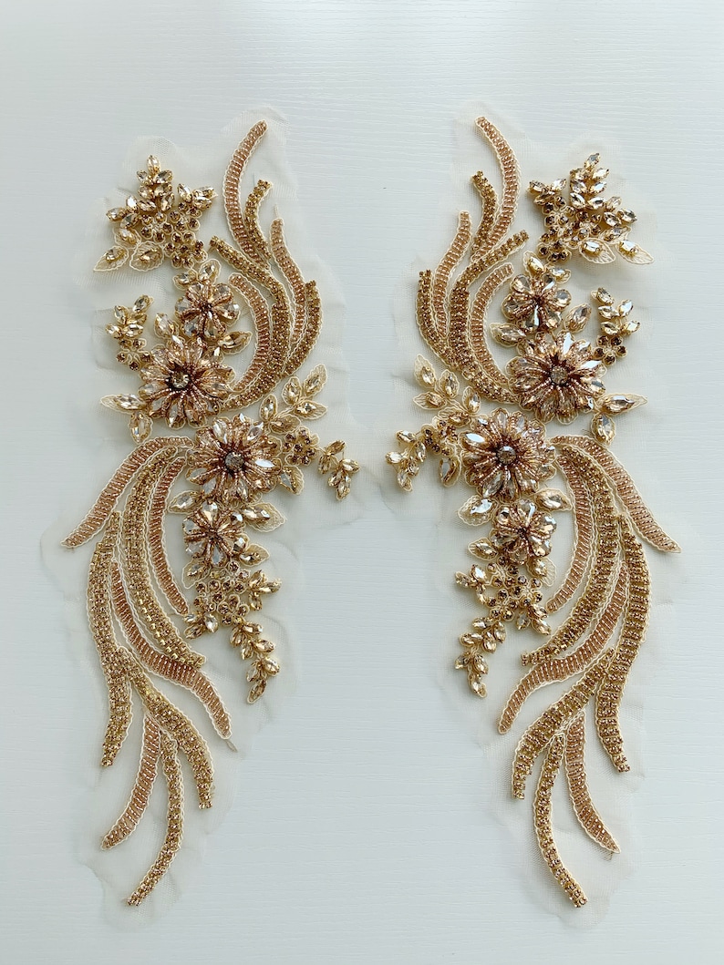 Champagne Gold Handcrafted Rhinestone Bead Applique for Dress and Dance ...