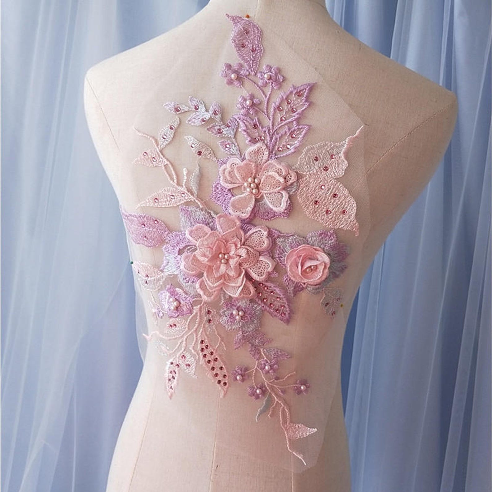 Blue Bead Lace Applique 3D Heavy Bead Lace Applique With | Etsy