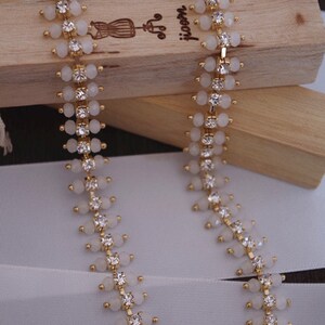 Ivory Rhinestone Bead Chain, Beading Trim, Gold Rhinestone Bead Belt ...
