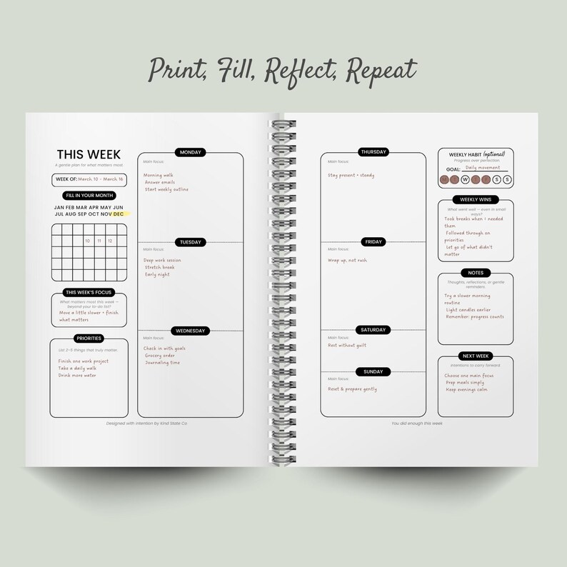 Mindful Weekly Planner Printable | Minimal 2-page Weekly Spread ...